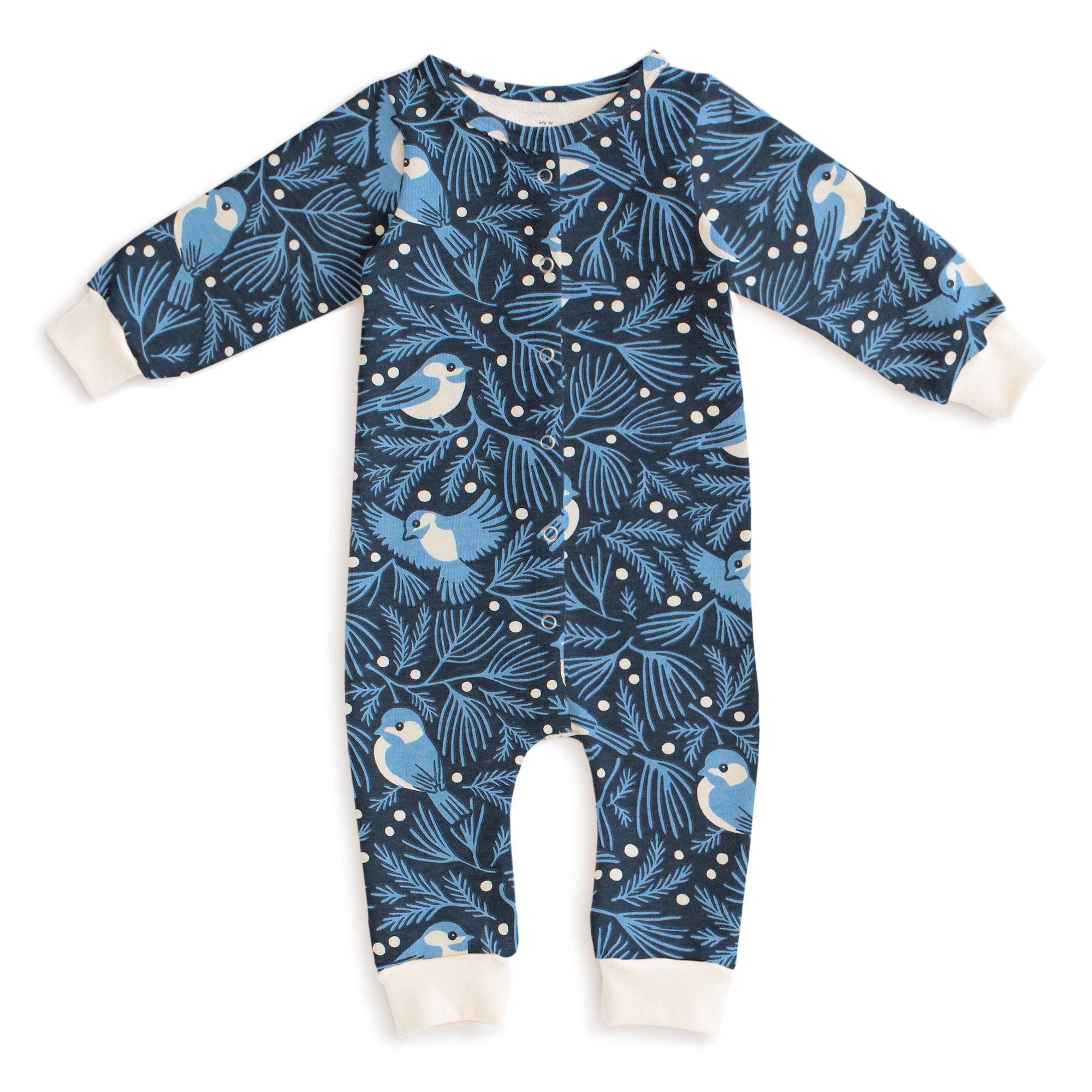 French Terry Jumpsuit - Chickadees Navy & Blue – Winter Water Factory
